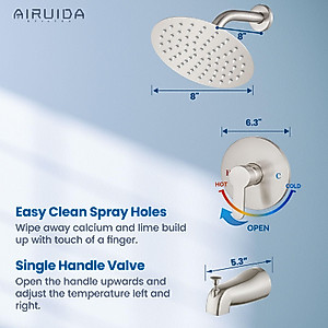 Airuida Wall Mount Kitchen Sink Faucet with Sprayer Brushed Nickel Wall Mounted Kitchen Faucet Shower Faucet Set with 8 Inch Rainfall Round Showerhead and Tub Spout Bathtub Faucet Kit Shower Tub Fauce