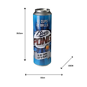 Komonee Beer Pong Novelty Can American Adult Indoor Party Drinking Game Including 12 Printed Wide Rimmed Red and Blue Re-usable Cups and 12 High Bounce ABS Orange Balls