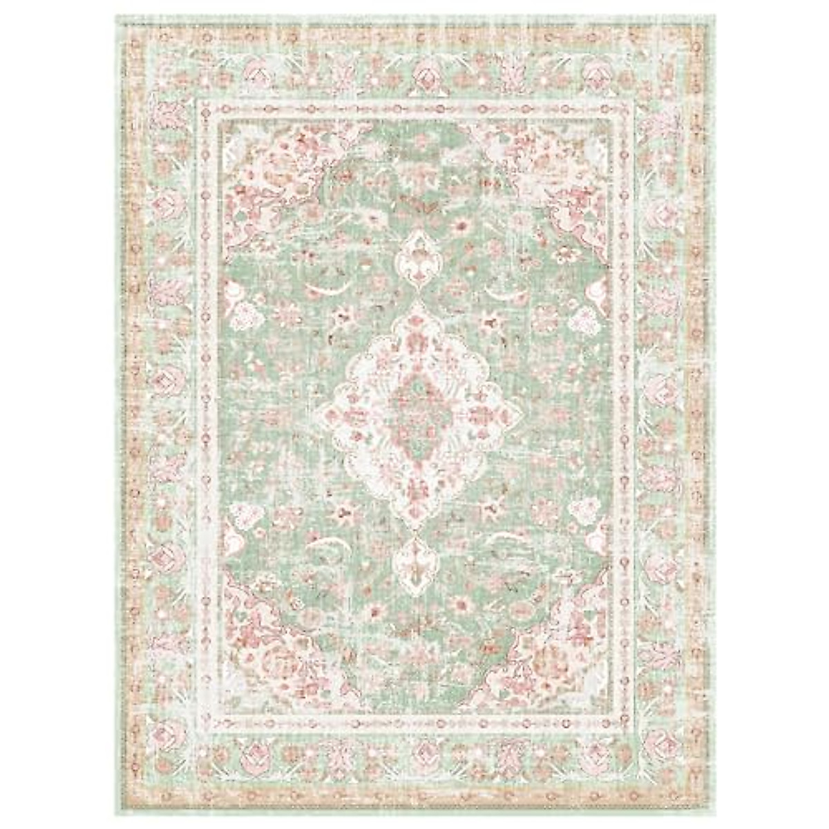 Vhong Washable Area Rugs Boho Vintage Modern Neutral Small Carpet Green and Pink High Traffic Rugs 3×5 for Dinning Room Living Room Bedroom Farmhouse Non Slip