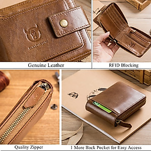 BULLCAPTAIN Genuine Leather Wallet for Men Large Capacity ID Window Card Case with Zip Coin Pocket QB-231 (Brown)