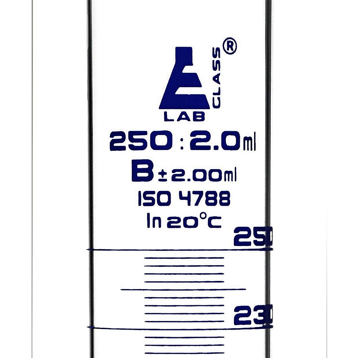 EISCO Graduated Cylinder, 250ml - Class B Tolerance ±2.00ml - Round Base - Blue Graduations - Borosilicate 3.3 Glass