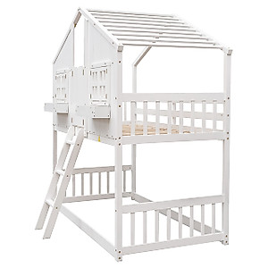 DEYOBED Twin Over Twin House Bed, Twin Bunk Beds Frame with Roof and Window Door, Window Box, Ladder, Wooden Playhouse Bunk Bed for Kids Girls Boys Teens, White