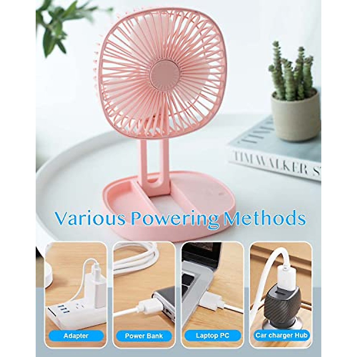 DEPOZA 7 Inch Travel Fan, Portable Folding Desk Fan with 3 Speeds, 185° Rotation, Battery Operated & Rechargeable, Quiet Small Table Fan for Bedroom, Office