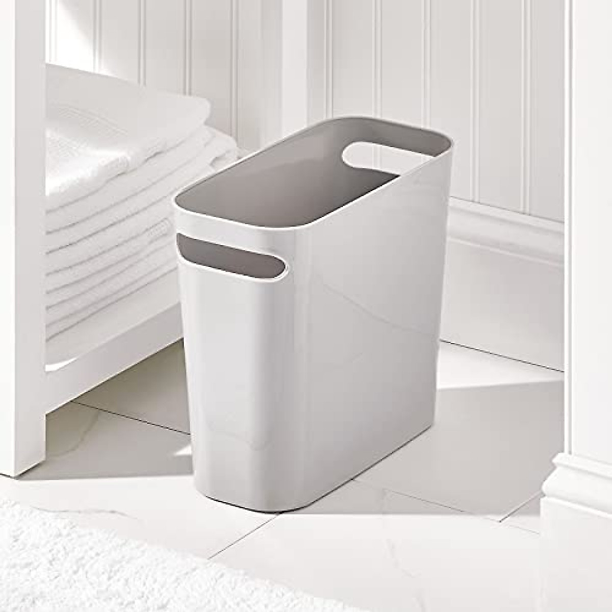mDesign 2 Piece Combo - Slim Plastic Trash Can with Built-in Handles & Toilet Bowl Brush & Holder for Bathroom Storage and Organization - Set of 2 - Gray