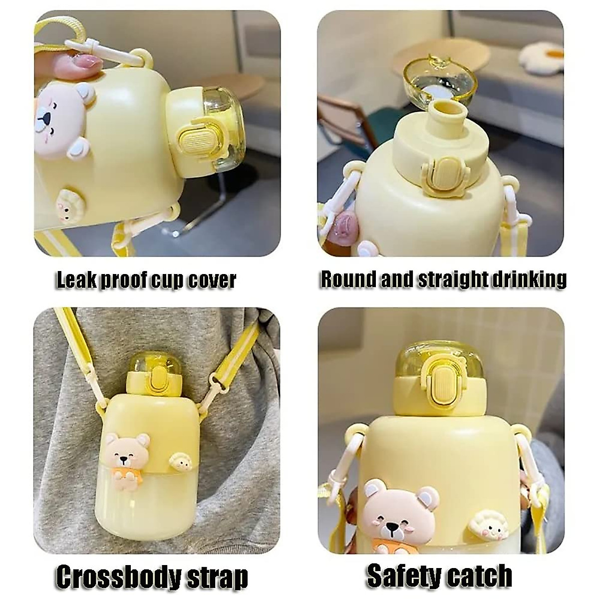 JZSMY 700ml Kawaii Straw Water Bottle, Cute Water Bottles with 3D Stickers, Milk Juice Cute Water Bottle Plastic Water Bottles with Portable Rope For Outdoor Travel (Pink)