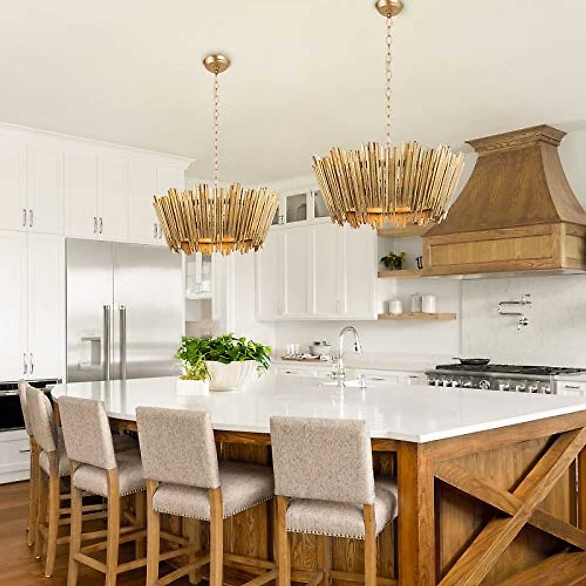 Gold Chandelier, Modern Farmhouse Chandelier, Dining Room Lighting Fixtures Hanging with Wood Framework and Gold Finish, Chandeliers for Dining Rooms, Kitchen, Foyer, Living Room, 20" D x 8" H