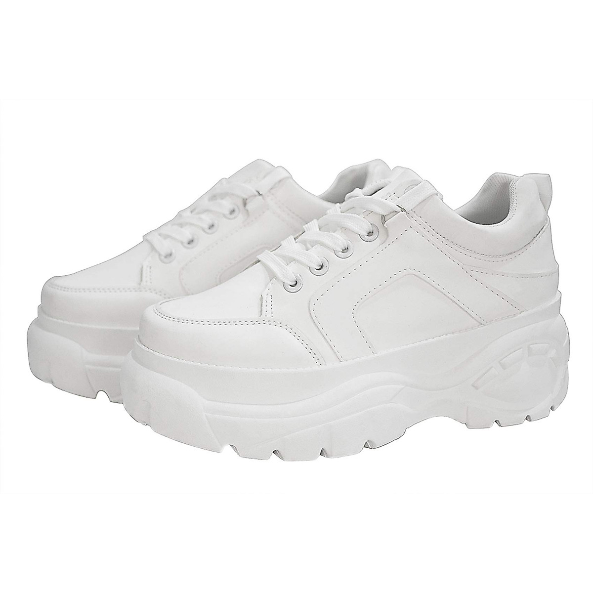 LUCKY STEP Women Chunky Platform Dad Colorblock White Neon Green Fuchsia Hologram Silver Casual Lace-Up Walking Sneakers(White, 7 B(M) US)