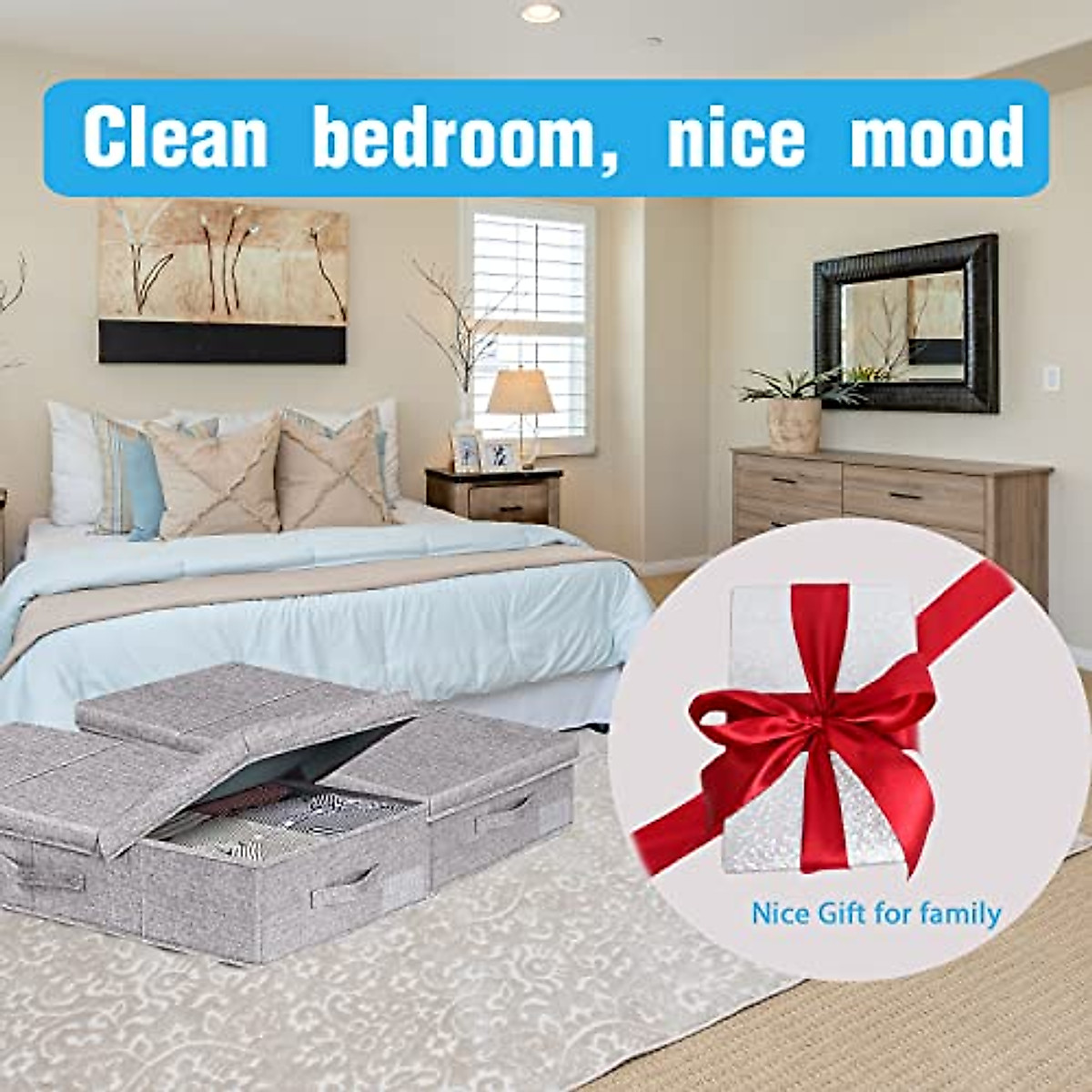 TheElves Under Bed Storage With Lids,2 Pack Foldable Stackable Underbed Storage Containers with 3 Handles,Under Bed Storage Drawer for Clothes Books Toys Shoes Pillows-Grey