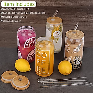 KAUND 4 PCS Ice Coffee Cup with Bamboo Lids and Glass Straw,16oz Sublimation Boho Printed Beer Can Glasses,Ideal for Cocktails,Whiskey,Beer,Soda and Gifts (C01-Boho)