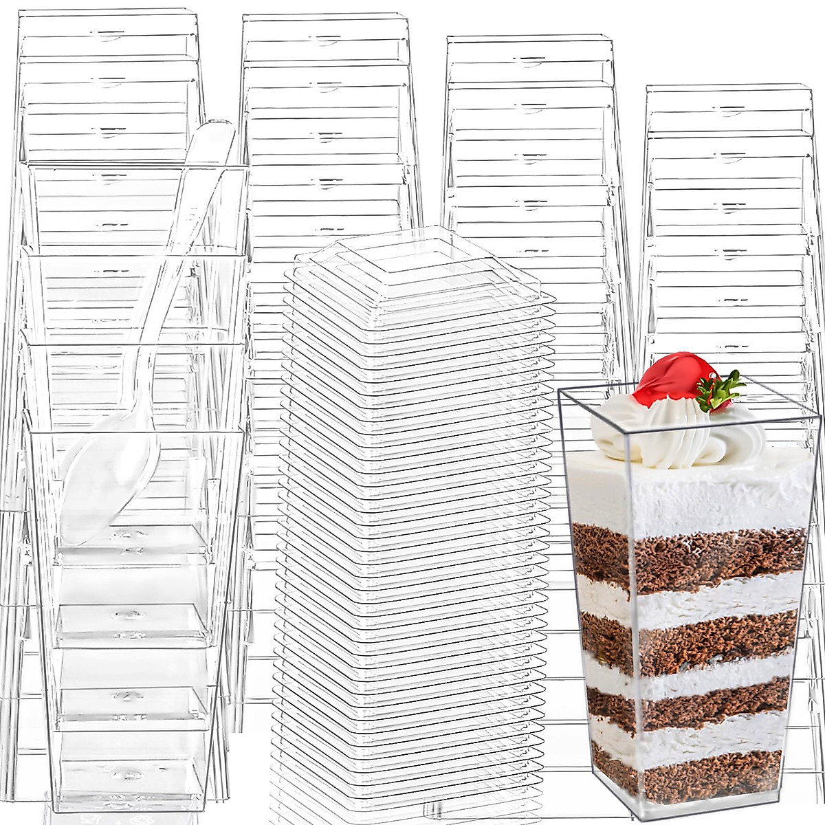 Vetory 50 Pack 3 oz Mini Dessert Cups,Plastic Dessert Cups with Lids and Spoons,Tall Square Clear Parfait Cups Appetizer Cups,Great for Tasting Party Desserts Appetizers Puddings Mousse