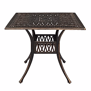 VINGLI Patio Dining Table, Patio Table with Umbrella Hole Outdoor Dining Table, Cast Aluminum Outdoor Bistro Table Outdoor Furniture Garden Table (35.4”Lx35.4”Wx29.5”H)