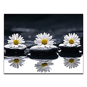 QTESPEII Black and White Canvas Wall Art Yellow Daisy Pictures Flower and Stone Paintings for Bathroom Living Room Bedroom Office Decoration Framed Still Life Modern Zen Home Decor 12"x16" 1 Panel