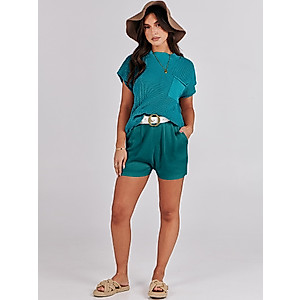 Caracilia 2 Piece Lounge Sets for Women 2024 Summer Short Sleeve Sweaters and Shorts Matching Sets Clothing Casual Fashion Deep Deep Green X-Large