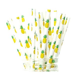 Pineapple Straws (25 Pack) - Beach Party Supplies, Summer Fruit Paper Straws, Tropical Pool Party Decorations, Straws with Pineapples, Picnics, BBQs