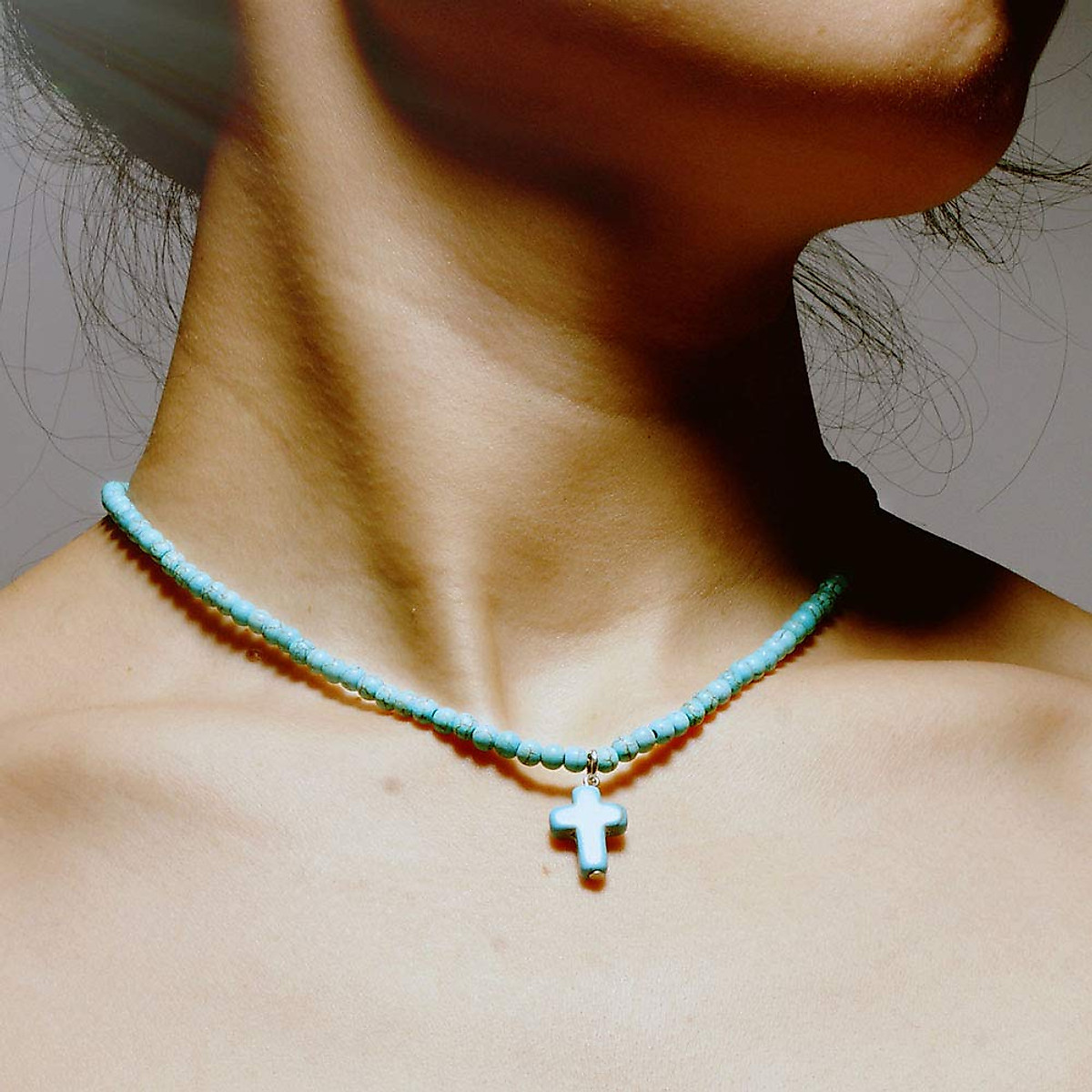 Cross Pendant Necklace Round Turquoise Clavicle Necklace Handmade Beads Choker for Women Girls
