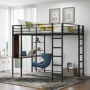 ATY Metal Full Size Loft Bed with 2 Shelves and 1 Desk, Sturdy Bedframe w/Two Ladders & Safety Rails for Kids Teens Adults, No Box Spring Needed, Black