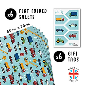 CENTRAL 23 Wrapping Paper for Boys - 6 Sheets of Birthday Gift Wrap - Police Cars Trucks and Tractors - For Kids - Children - Matte - Recyclable