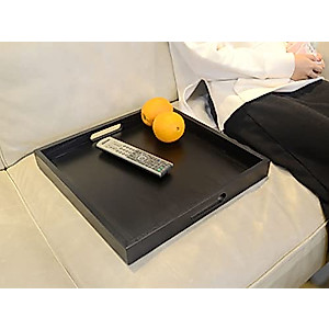 Square Wood Serving Tray with Handle, Ottoman Decorative for Home, 16x16 inches Black