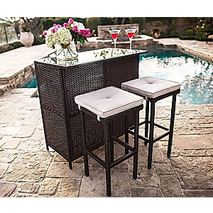 Oakmont Outdoor Bar Set 3-Piece Brown Wicker Patio Furniture - Glass Bar and Two Stools with Cushions for Patios, Backyards, Porch, Gardens or Poolside