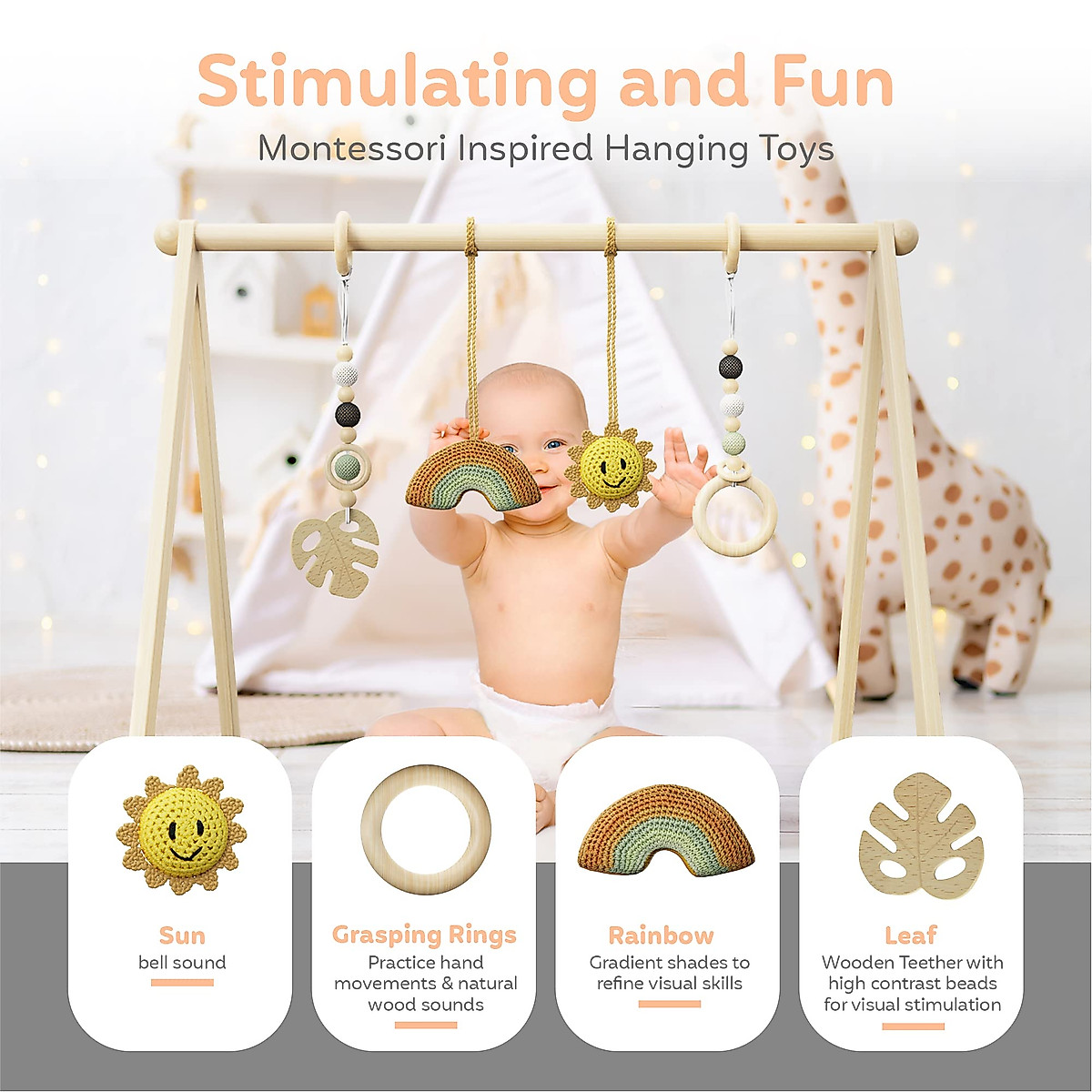 Wooden Baby Gym – Premium Infant Activity Gym with Hanging Bar for Wooden Toys – Wooden Play Gym Frame for Tummy Time Mat – Educational Baby Activity Gym for Newborn Gift for Baby Girl and Boy