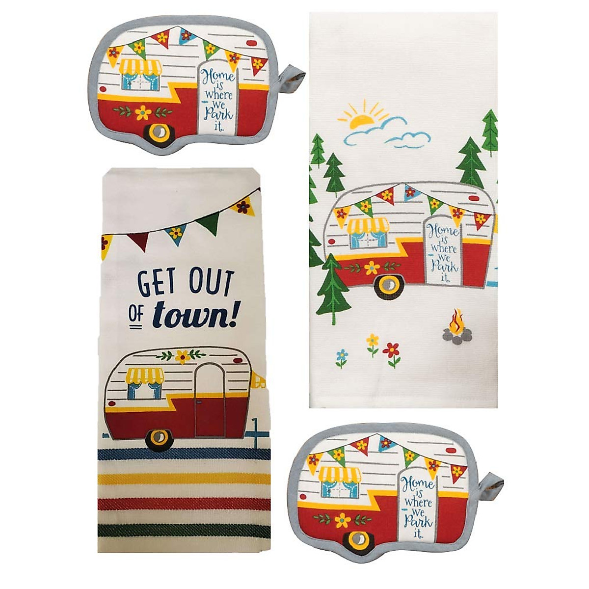 4 Piece Happy Camper Kitchen Towel Bundle - 1 Tea Towel, 1 Terry Towel and 2 Potholders