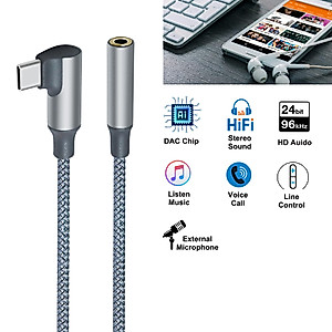 DCHAV Right Angle USB C to 3.5mm Audio Adapter Headphone Jack USBc 3.5 mm Cable Aux USB Type C Cord Male Female Dongle DAC Chip for Android Phone Tablet Laptop Speaker Microphone Car Stereo, Grey