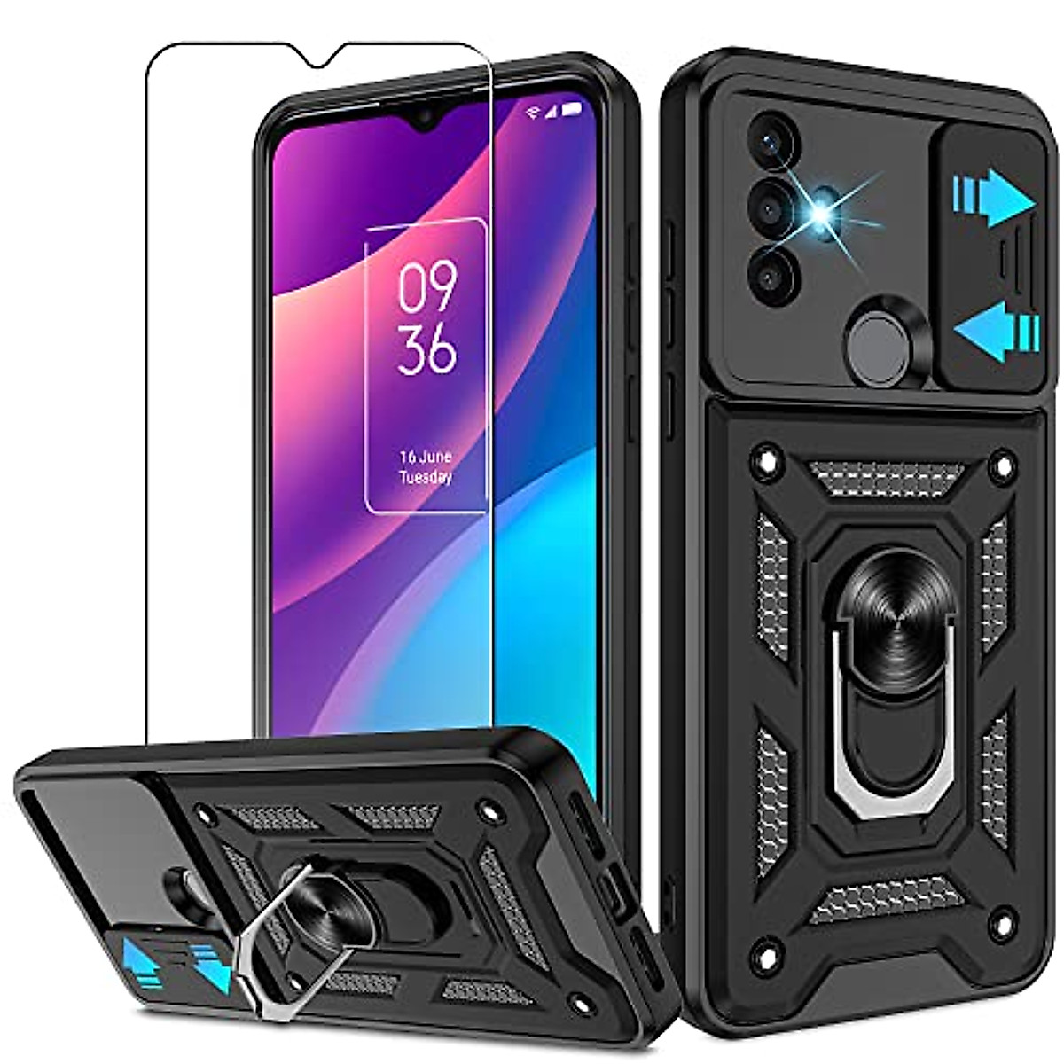 ATUMP for TCL 30 SE Phone Case with HD Screen Protector, Heavy Duty Shockproof with 360 ° Rotation Metal Kickstand [Military Grade] Protective Case for TCL 30 SE, Black