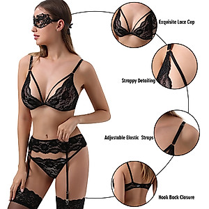 Women Lingerie Set Garter Belt with Stocking And Lace Eye Mask Black
