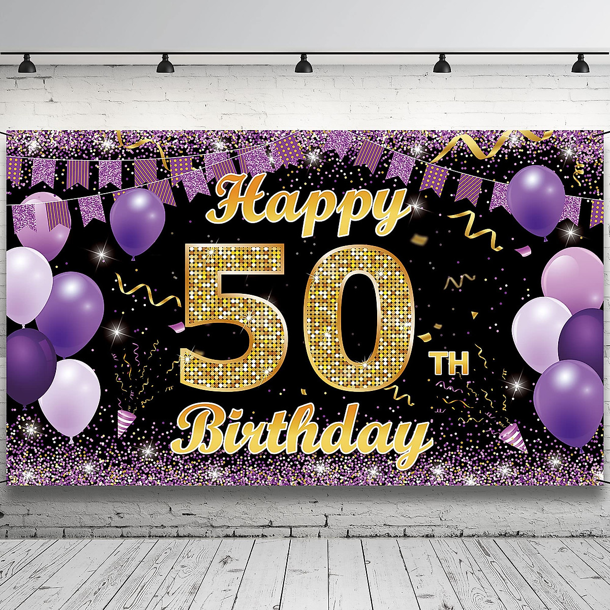 50th Birthday Decorations Backdrop Banner, Happy 50th Birthday Decorations for Her, Gold Purple 50 Birthday Party Photo Backdrop Decor Supplies for Women, Fabric 6.1ft x 3.6ft Vicycaty