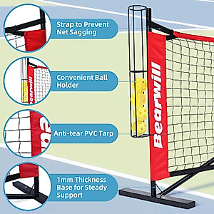 Bearwill Pickleball Net, 22 FT Pickleball Net for Driveway, Regulation Size Portable Pickle Ball Net for Outdoor Backyard, Steady Metal Frame with Court Marker, Ball Holder, 4 Pickleballs & Carry Bag