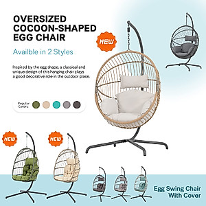 Patiorama Indoor Outdoor Egg Swing Chair with Stand, Oversized Cocoon-Shaped Rope Woven Hanging Chair, Cushion,Safety Strap,Patio Wicker Foldable Hammock Chair for Porch,Garden,Bedroom (Creamy White)
