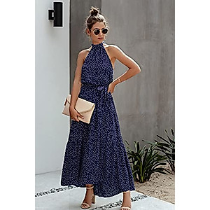 PRETTYGARDEN Women’s Casual Halter Neck Sleeveless Floral Long Maxi Dress Backless Loose Ruffle Sundress with Belt (Navy,X-Large)