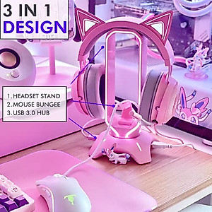 Tilted Nation RGB Gaming Headset Stand - 3 in 1 Pink Headphone Stand with Mouse Bungee and 2 Port USB Hub Charger - The Ultimate Gaming Accessory and Gamer Gift - RGB Headphone Holder for Desk