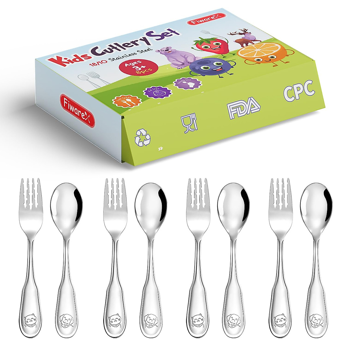 Toddler-Utensils-Kids-Silverware-Set, 8 PCS 18/10 Stainless Steel Toddler Forks and Spoons, Round Edges Children Cutlery Set with Dog & Cat Pattern, Non-slip Fork, Mirror Polished, Dishwasher Safe