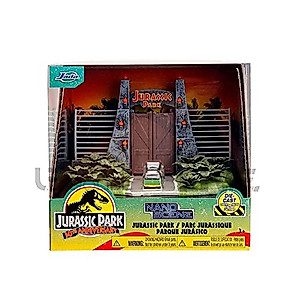 Nano Scene Jurassic Park 30th Anniversary Jurassic Gate Diorama w/ Two 1.65" Die-Cast Cars, Toys for Kids and Adults