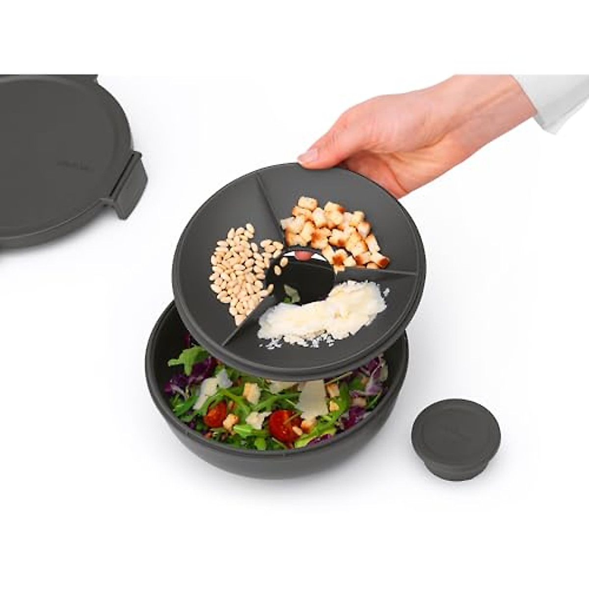 Brabantia Make & Take Salad Bowl with Removable Tray for Toppings & Dressings (Dark Gray) 100% Leakproof, Microwave & Freezer Safe Meal Prep Container
