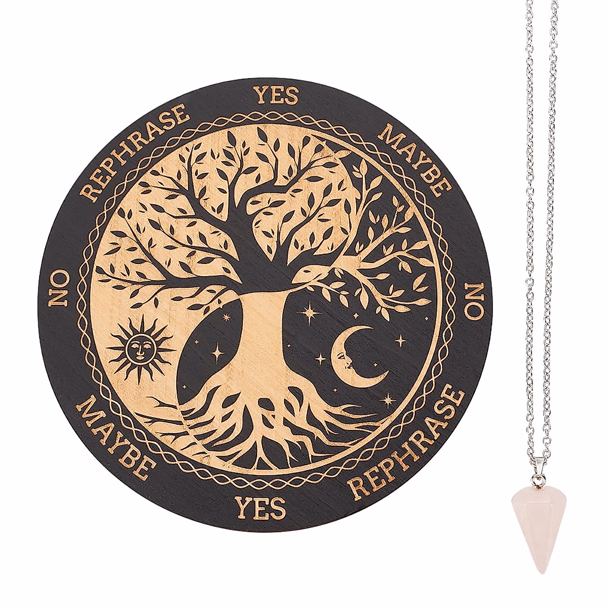 INFUNLY Witch Pendulum Board Tree of Life Round Wooden Divination Board 7.9" Sun Moon Metaphysical Message Board with Crystal Necklace Witchcraft Wicca Altar Supplies Kit