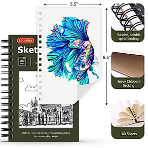 Soucolor 5.5" x 8.5" Sketchbook Pack of 2, 200 Sheets Sketch Book, Spiral Bound Sketch Pad Drawing Book Acid-Free Paper (68lb/100gsm), Painting Sketching Drawing Art Supplies for Adults Kids Teens