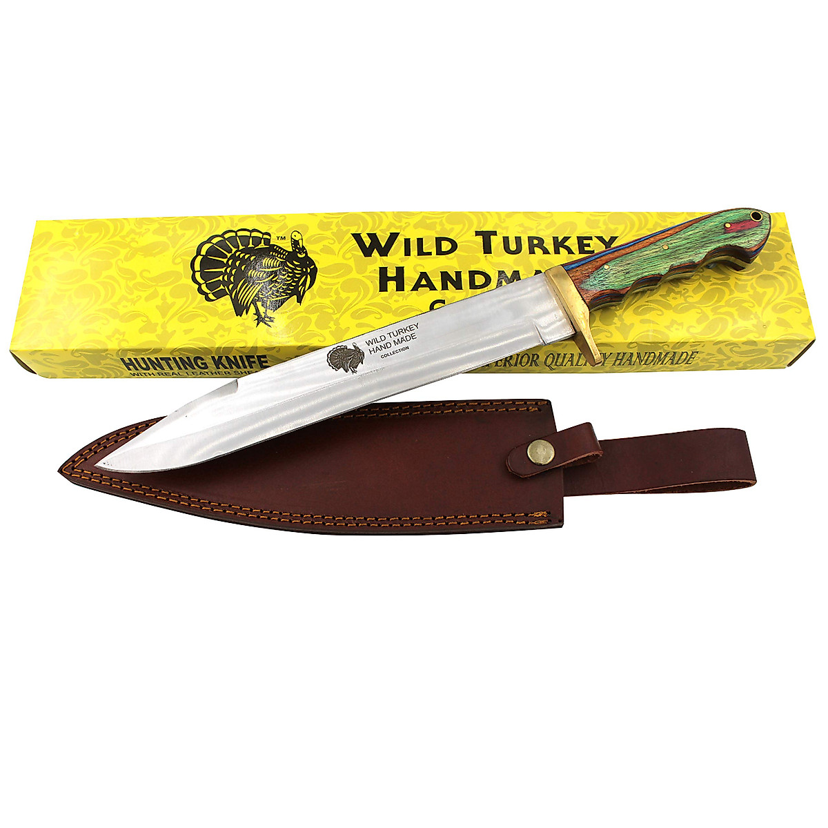 Wild Turkey Handmade Collection 17.25" Fixed Blade Hunting Knife w/Leather Sheath (COLORED WOOD)
