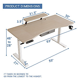Jceet 63x30 Inches Dual Motor Electric Standing Desk with Drawer, Adjustable Height Sit Stand Up Desk with Storage Shelf, Home Office Desk Computer Workstation with Pale Pearwood Top/White Frame