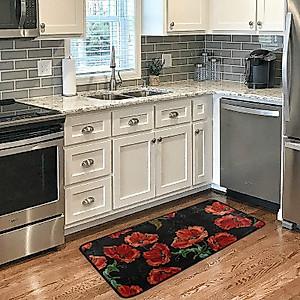 Red Poppies Flowers Black Kitchen Floor Mat 39 x 20 Inch Anti Fatigue Comfort Standing Mat Soft Kitchen Runner Rug for Hallway Entryway Door Outside Decor