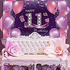 Happy Birthday Party Decorations, Large Fabric Happy 11th Anniversary Birthday Backdrop Photo Booth Background with Rope for Girls Birthday Party Favor Banner, 72.8 x 43.3 Inch, Pink Purple