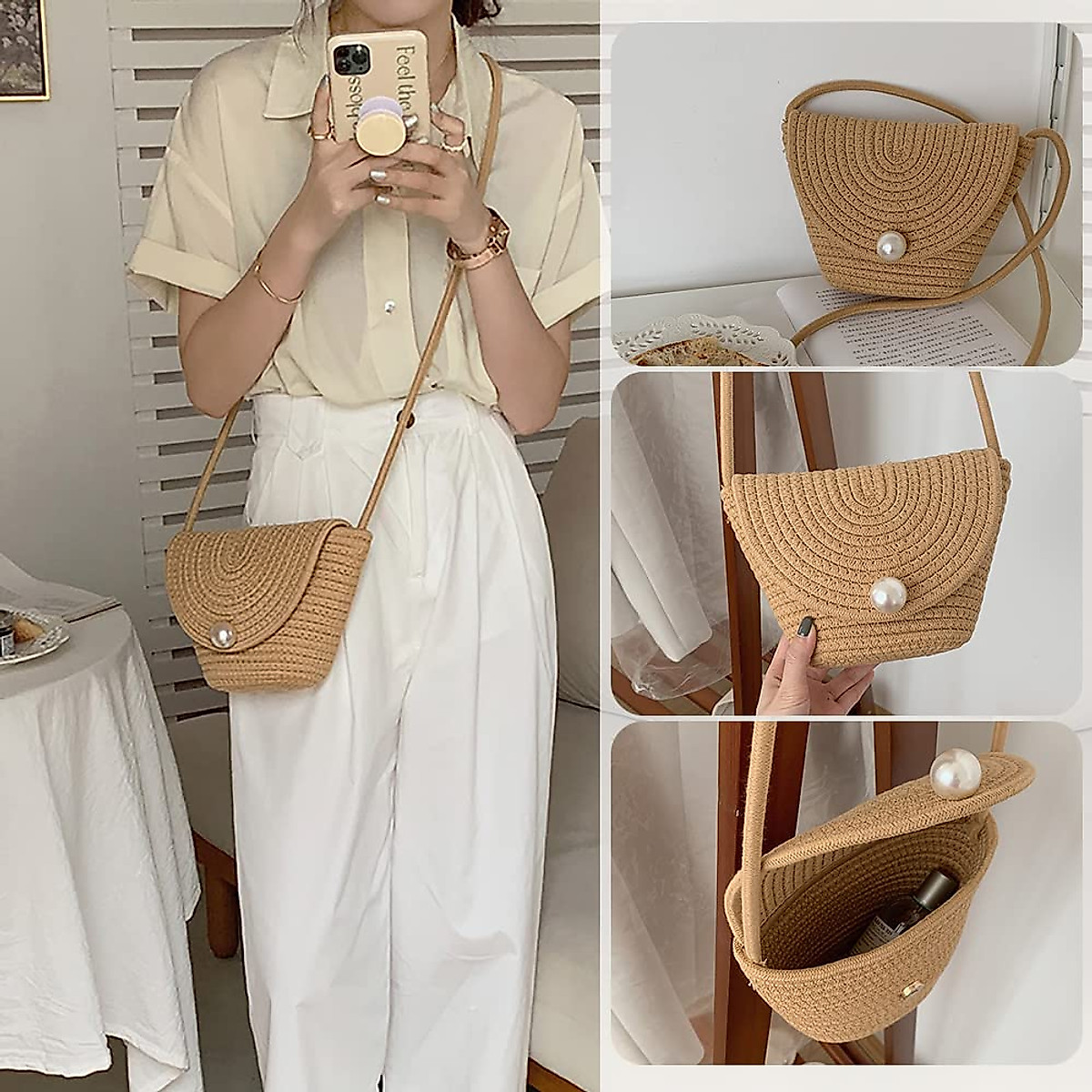 NIBD Straw Crossbody Bags for Women Mini Beach Bag, Woven Bucket Bag,Bohemian Summer Beach Basket Vacation Shoulder Bag (Brown)