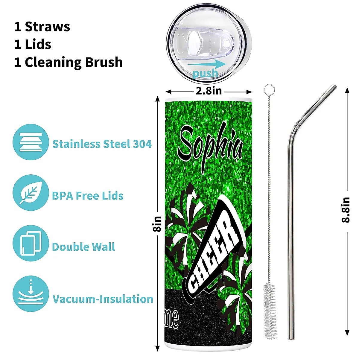 Ioracida Personalized Cheer Insulated Stainless Steel Tumbler with Lid and Straw, Casual Coffee Cup Mug for Cheerleader Coach, Custom Gifts for Cheer Mom Cheer Team, Green Glitter