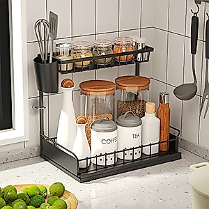 Gracenal Under Sink Organizer, Kitchen Organizers and Storage 1 Pack & Ribbed Glass Cups with Straws 12oz, Drinking Glasses Set of 4