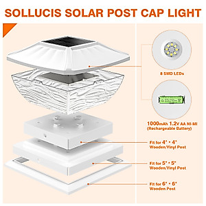 SOLLUCIS Solar Post Cap Lights, Large 8 LEDs 2 Modes Fence Post Solar Lights Outdoor Waterproof for 4x4 5x5 6x6 Vinyl Wooden Deck Fence Posts Patio Garden Decor, Warm/Cool White (6 Pack, White)