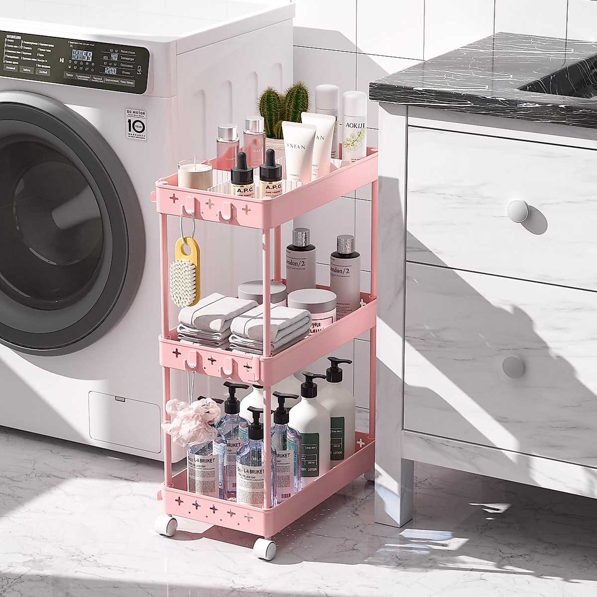 KINGRACK 3 Tier Rolling Utility Storage Cart with Adjustable Dividers, Multi-Purpose Storage Cart, Craft Art Cart Trolley Organizer, Slide Out Cart for Bedroom Bathroom Laundry Kid's Room, Pink