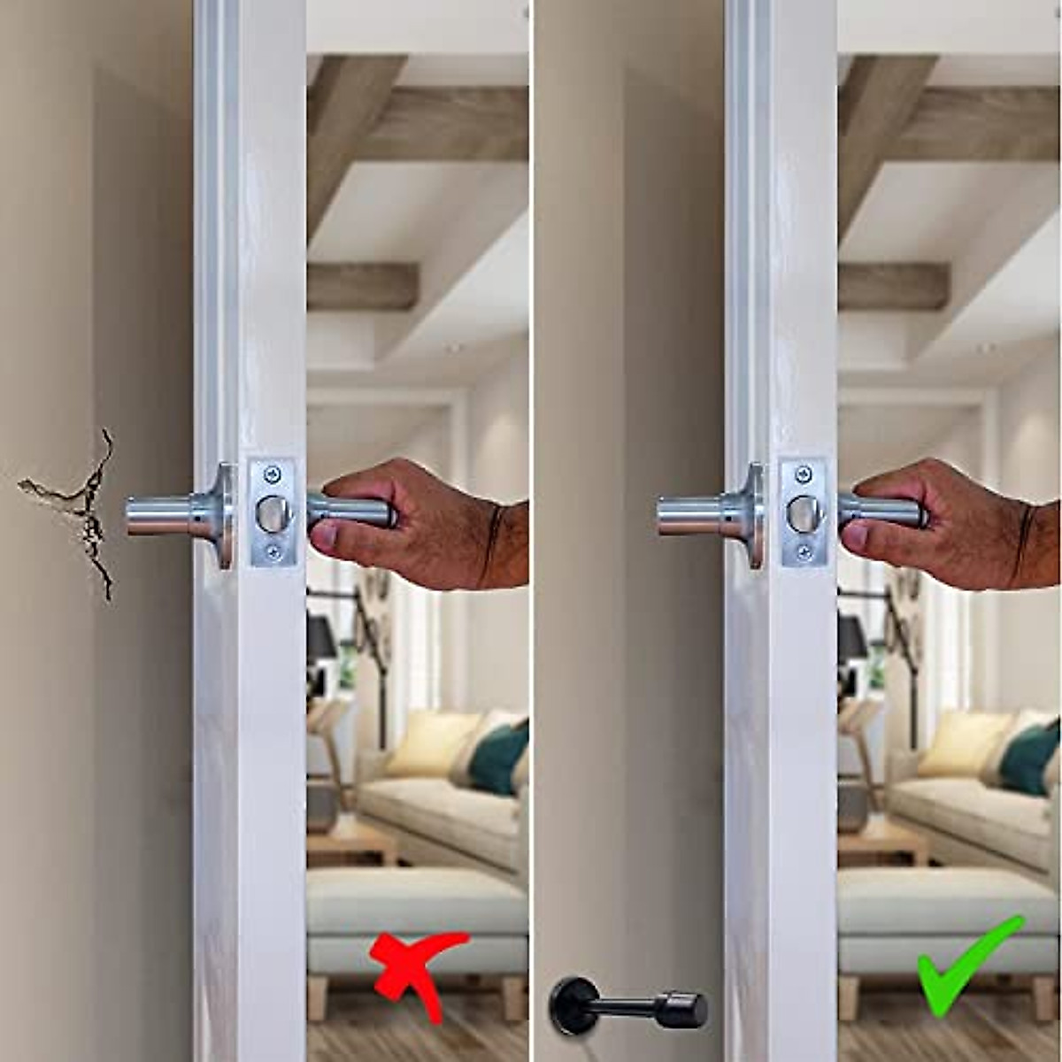 Door Stopper, 6 Inch Door Stop Extra Long, Brushed Stainless, Wall Mount Modern Heavy Duty Rigid Door Holder Protector Metal Black Long Doorstop with Soft Rubber Bumper