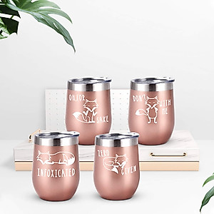 GINGPROUS The Fox Series Wine Tumbler Set, Set of 4, Infoxicated, Zero Fox Given, Oh for Fox Sake, Don't Fox with Me Wine Tumbler for Friends Mom Dad Wife Husband Family Grandma, 12 Oz, Rose Gold