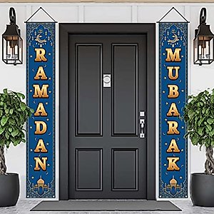 FARMNALL Eid Ramadan Mubarak Porch Banner Ramadan Decorations Moon and Star Mosque Lattern Islamic Front Door Sign Wall Hanging Decorations and Supplies for Home Office